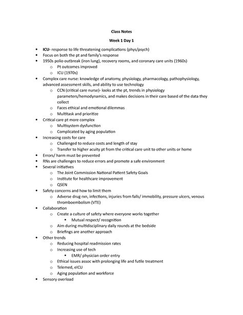 class notes week 1 class notes week 1 day 1 icu response to life