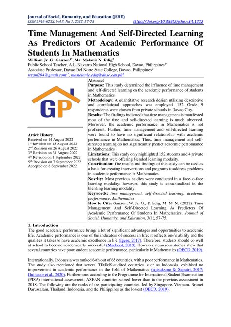 Pdf Time Management And Self Directed Learning As Predictors Of Academic Performance Of