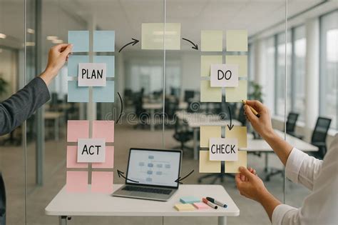 Two Professionals Organizing Pdca Workflow Using Sticky Notes On Glass Wall In Modern Office