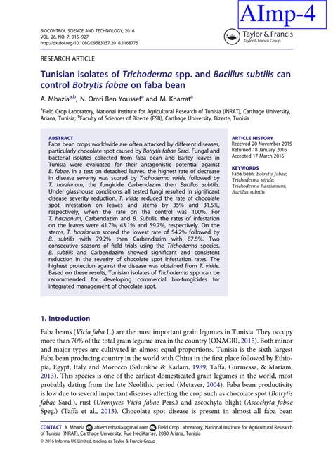 Pdf Tunisian Isolates Of Trichoderma Spp And Bacillus Subtilis Can