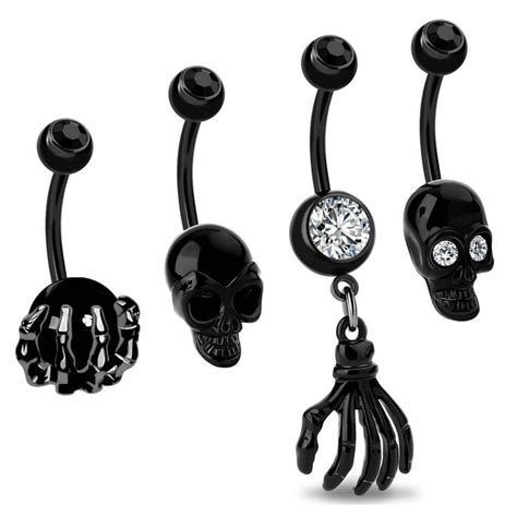 14G Black Skull Skeleton Halloween Belly Button Ring Set Of 4pcs