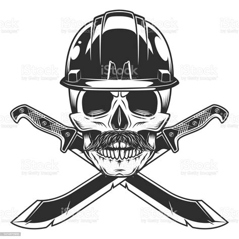 건설 하드 모자 헬멧과 콧수염에 두개골은 날카로운 칼과 리본을 교차 마체테 정글에서 사냥꾼의 근접 무기 흰색 배경에 격리된 흑백 벡터 개념에 대한 스톡 벡터 아트 및 기타