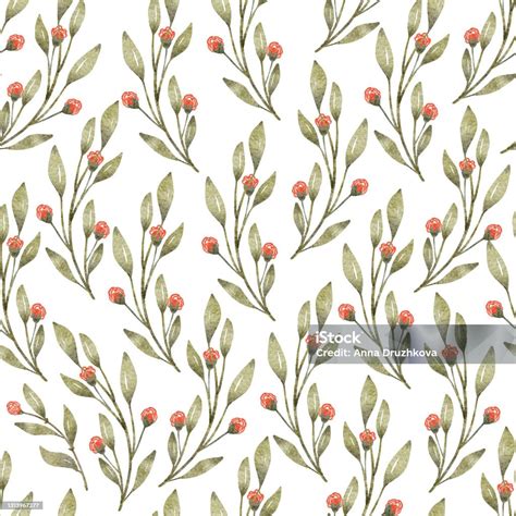 녹색 잎과 붉은 꽃과 가지가 있는 아름다운 매끄러운 패턴 흰색 배경에 손으로 그린 그림 직물 포장 서류 배경 화면 커버에 적합합니다 가리기에 대한 스톡 벡터 아트 및 기타