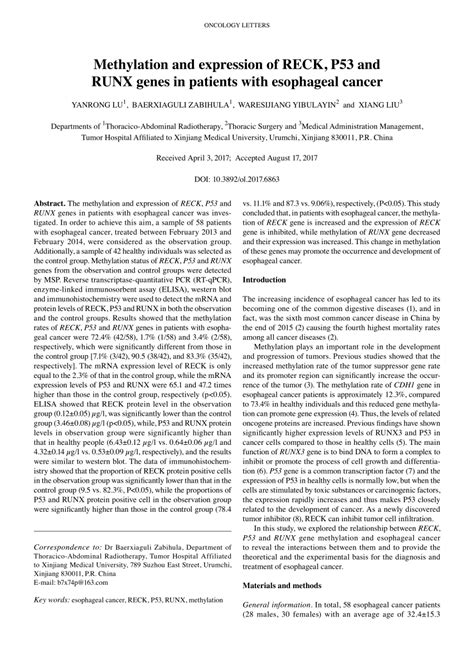 Pdf Methylation And Expression Of Reck P53 And Runx Genes In