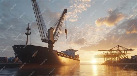 A Cargo Container Ship At The Sea Port For Loading Or Unloading Cargo With Large Crane Premium