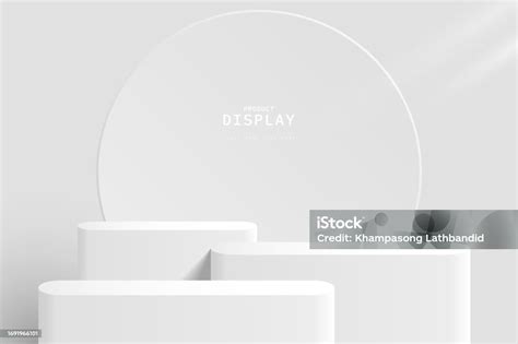 원 모양의 배경으로 사실적인 깨끗한 흰색 3d 원형 연단 제품 전시 또는 모형을 위한 최소한의 벽 장면 쇼케이스를 위한 무대 3d 벡터 렌더링 제품을 광고하거나 홍보하기