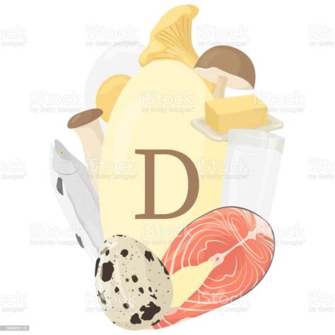 비타민 D 소스의 컬렉션 Cholecalciferol 강화 식품 유제품 생선 버섯 및 계란 인체용 비타민 흰색 배경에 격리 된 플랫 벡터 디자인 만화 벡터 일러스트레이션