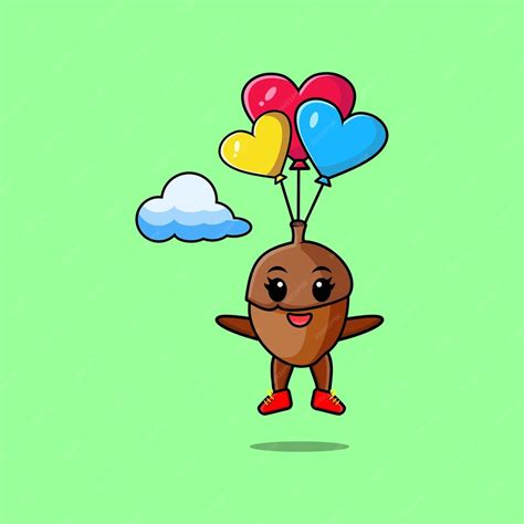 귀여운 만화 도토리 마스코트는 풍선과 행복한 몸짓으로 스카이다이빙을 하고 있습니다 프리미엄 벡터