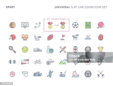 스포츠 유니버설 컬러 플랫 라인 아이콘 세트 편집 가능한 스트로크 아이콘은 웹 페이지 모바일 앱 Ui Ux 및 Gui 디자인에 적합합니다 배드민턴에 대한 스톡 벡터 아트 및
