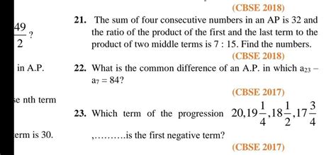 Cbse 2018 49 21 The Sum Of Four Consecutive Numbers In An Ap Is 32 And