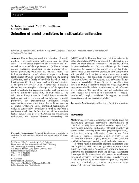 Pdf Selection Of Useful Predictors In Multivariate Calibration