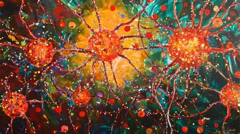 Vibrant Neural Network Illustration Featuring Bright Red Neuron Centers And Interconnected