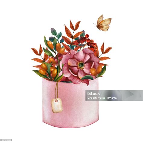 꽃 꽃다발이 선물 상자에 들어 있습니다 고립 된 배경에 꽃 잎 열매 및 곤충과 수채화 그림 인사말 카드나 초대장 3월 8일 기념일 생일 엽서에 0명에 대한 스톡 벡터 아트