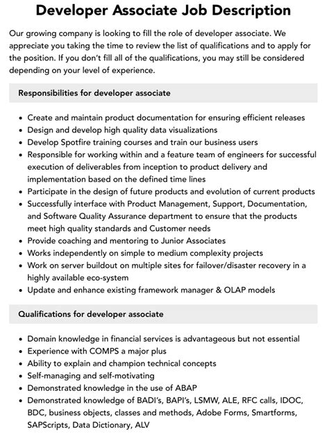 Developer Associate Job Description Velvet Jobs