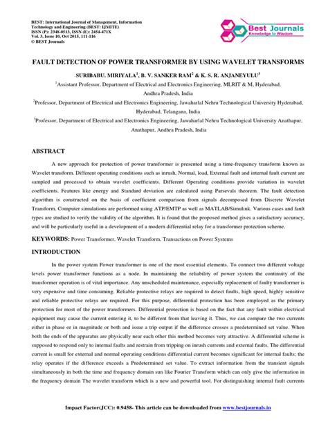 Fault Detection Of Power Transformer By Pdf Wavelet Electrical Engineering