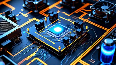Futuristic Circuit Board With Glowing Blue Core Microchip Design Stock