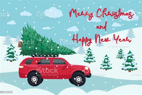메리 크리스마스와 새해 복 많이 받으세요 엽서 또는 빨간 차와 크리스마스 전나무 트리와 포스터 템플릿 아름다움에 대한 스톡 벡터 아트 및 기타 이미지 Istock