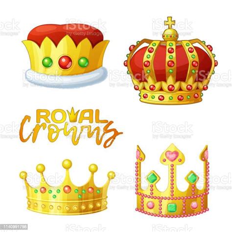 왕과 여왕에 대 한 만화 스타일의 황금 로얄 크라운의 집합입니다 흰색 배경에 고립 된 왕관 벡터 아이콘 개념에 대한 스톡 벡터