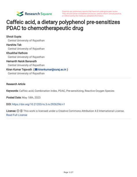 Pdf Caffeic Acid A Dietary Polyphenol Pre Sensitizes Pdac To