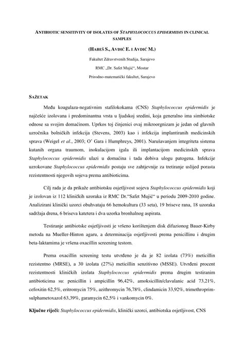 Pdf Antibiotic Sensitivity Of Isolates Of Staphylococcus Epidermidis In Clinical Samples