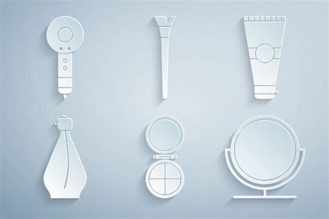 거울 로션 화장품 튜브 향수 라운드 메이크업 브러시 및 헤어 드라이어 아이콘으로 메이크업 파우더를 설정합니다 벡터 3차원 형태에 대한 스톡 벡터 아트 및 기타 이미지