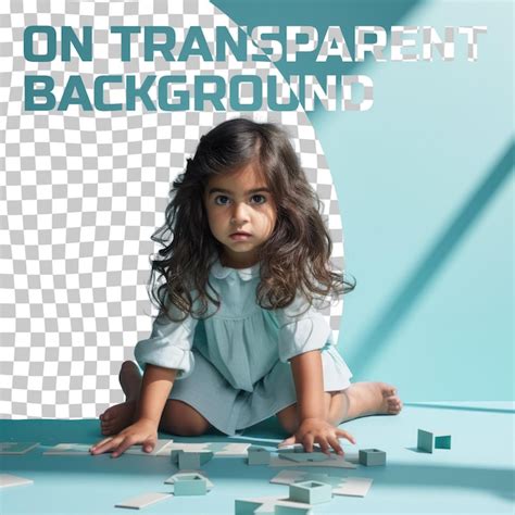 서아시아 민족 출신의 긴 머리카락을 가진 호기심 많은 유아 여성은 보드 게임 의상을 입고 파스텔 블루 배경에 드라마틱한 그림자 플레이 스타일로 포즈를 취합니다 프리미엄