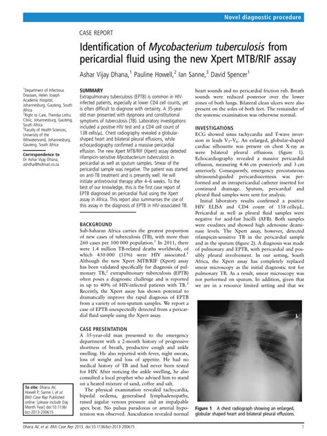 Pdf Identification Of Mycobacterium Tuberculosis From Pericardial