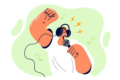 헤드폰을 끼고 마이크를 들고 가라오케 클럽에서 노래를 즐기며 휴식을 취하는 긍정적인 남자 가수에 대한 스톡 벡터 아트 및 기타 이미지 가수 개념 공연 Istock