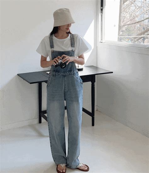 [s Xl 기장조절ok] 디토 연청 오버롤 데님 팬츠 멜빵바지 점프수트 빅사이즈 에이블리