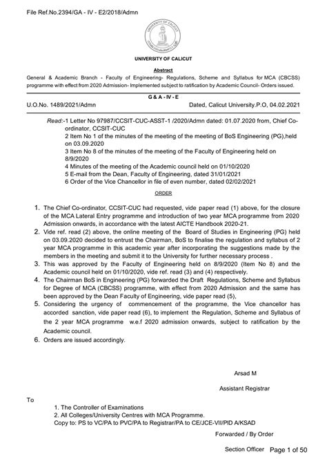 Solution Mca Regualtion Syllabus Wef2020admn Onwards1489 2021 Admn