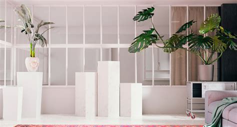 스테인드 글라스 창문과 제품 디스플레이를 위한 연단이 있는 배경에 있는 식물이 있는 햇볕이 잘 드는 실내 공간의 3d 렌더링 3차원 형태에 대한 스톡 사진 및 기타 이미지