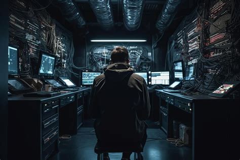 Premium Ai Image Programmer Working Is On Computers With Multiple Monitors Back View Generative Ai