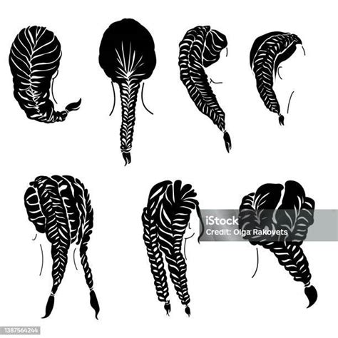 실루엣의 헤어 스타일 피쉬 테일 세트 길고 중간 머리에 대한 세련된 머리띠 땋은 머리에 대한 스톡 벡터 아트 및 기타 이미지 땋은 머리 땋은 머리 검은색 Istock