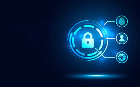 사이버 보안 생체 인식 잠금 파란색 추상 디지털 바이너리 코드 배경 디코딩 기술 및 컴퓨터 네트워크 보호 개념입니다 새로운 미래 시스템 기술 상징 벡터 그림입니다 인공지능에