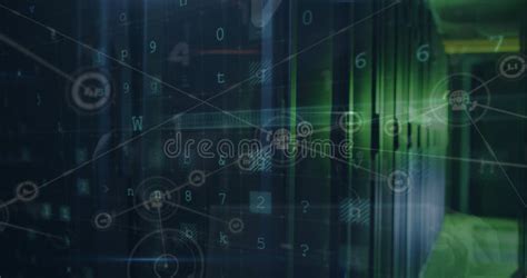 Animation Of Connected Graphs And Globe Icons With Multiple Words And Letters Over Server Room