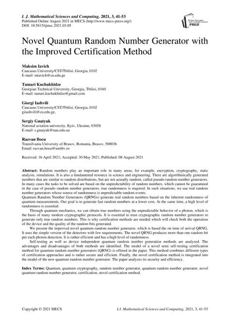 Novel Quantum Random Number Generator With The Improved Certification Method Ijmsc SciUp Org