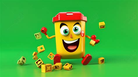 생생한 3d 렌더링 노란색 배경에 빨간색 주사위 큐브로 솟아오르는 녹색 재활용 쓰레기통 마스코트 빨간 코트 배경 노란 배경 재활용 가능 배경 이미지 Hd 빨간 코트