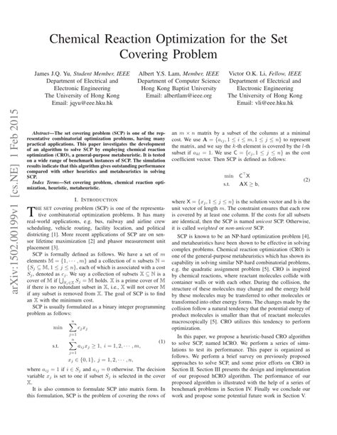 Pdf Chemical Reaction Optimization For The Set Covering Problem