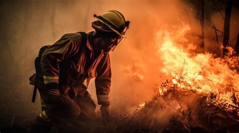 Premium AI Image Firefighter At The Fire Forest Generative Ai