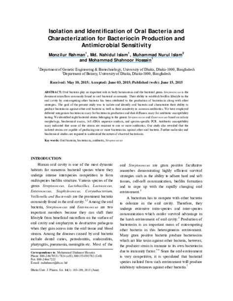 Pdf Isolation And Identification Of Oral Bacteria And