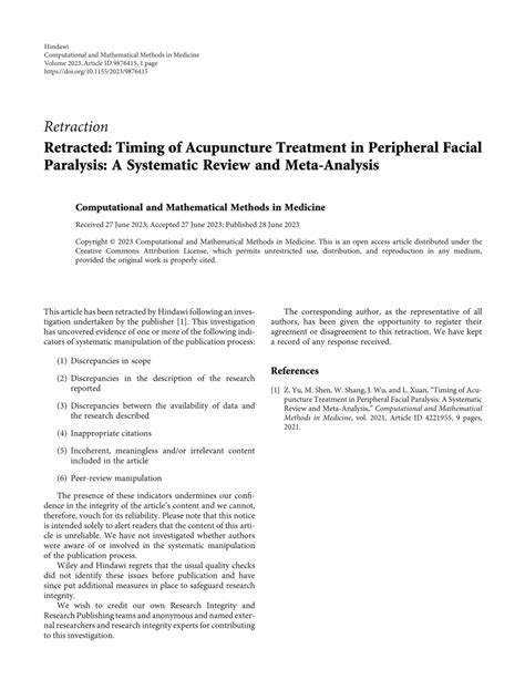 Pdf Retracted Timing Of Acupuncture Treatment In Peripheral Facial Paralysis A Systematic