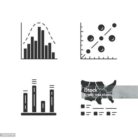 다이어그램 문말 아이콘 세트 히스토그램 막대 그래프 산란 플롯 카토그램 통계 데이터 시각화 불연속 범주 간의 비교입니다 실루엣