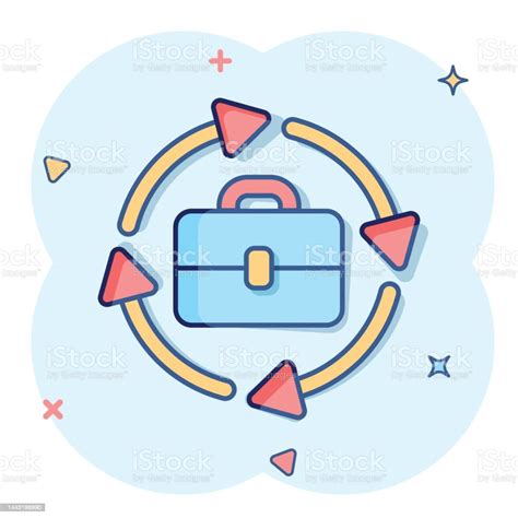 만화 스타일의 화살표 아이콘이있는 서류 가방 흰색 고립 된 배경에 실업가 가방 만화 벡터 일러스트 레이션입니다 포트폴리오 스플래시 효과 비즈니스 개념입니다 가방에 대한 스톡