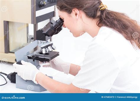 Female Babe Looking Into The Microscope Stock Photo Image 47683472