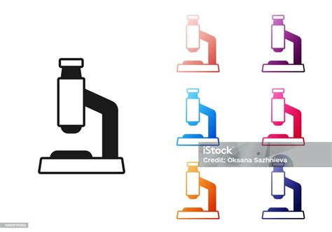 흰색 배경에 격리 된 검은 현미경 아이콘 화학 제약 기기 미생물학 확대 도구 다채로운 아이콘을 설정합니다 벡터 가열장치에 대한 스톡 벡터 아트 및 기타 이미지 Istock