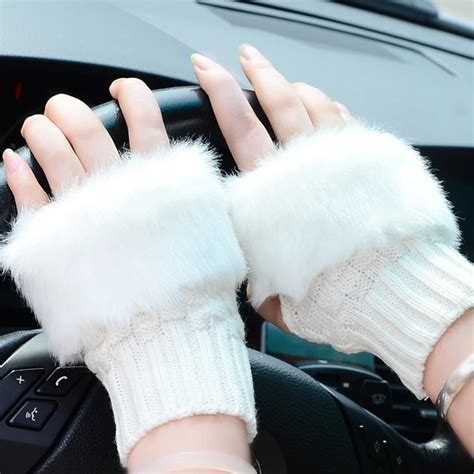 Naiveroo Women Fingerless Gloves Cute Faux Rabbit Fur Knitted Gloves Winter Warm Knitting Warmer