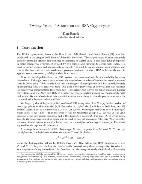 Twenty Years Of Attacks On The Rsa Cryptosystem Pdf