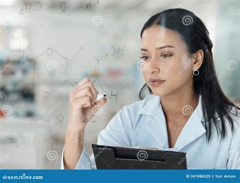 Girl Scientist And Formula On Glass In Lab For Problem Solving Medical Planning And Science