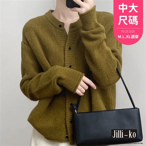 Jilli Ko 簡約圓領寬鬆長袖開扣針織外套 綠黃杏 針織外套 Yahoo奇摩購物中心
