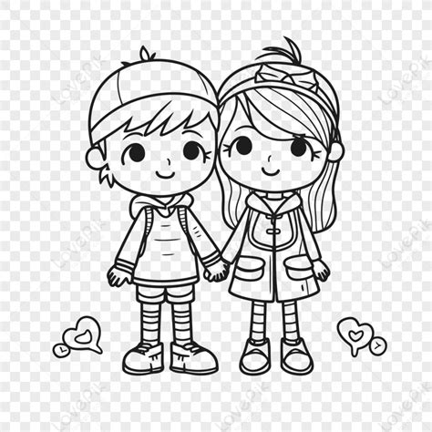 손을 잡고 개요 스케치 드로잉의 두 만화 색칠 페이지 벡터두꺼운 선라인 아트 Png 일러스트 무료 다운로드 Lovepik